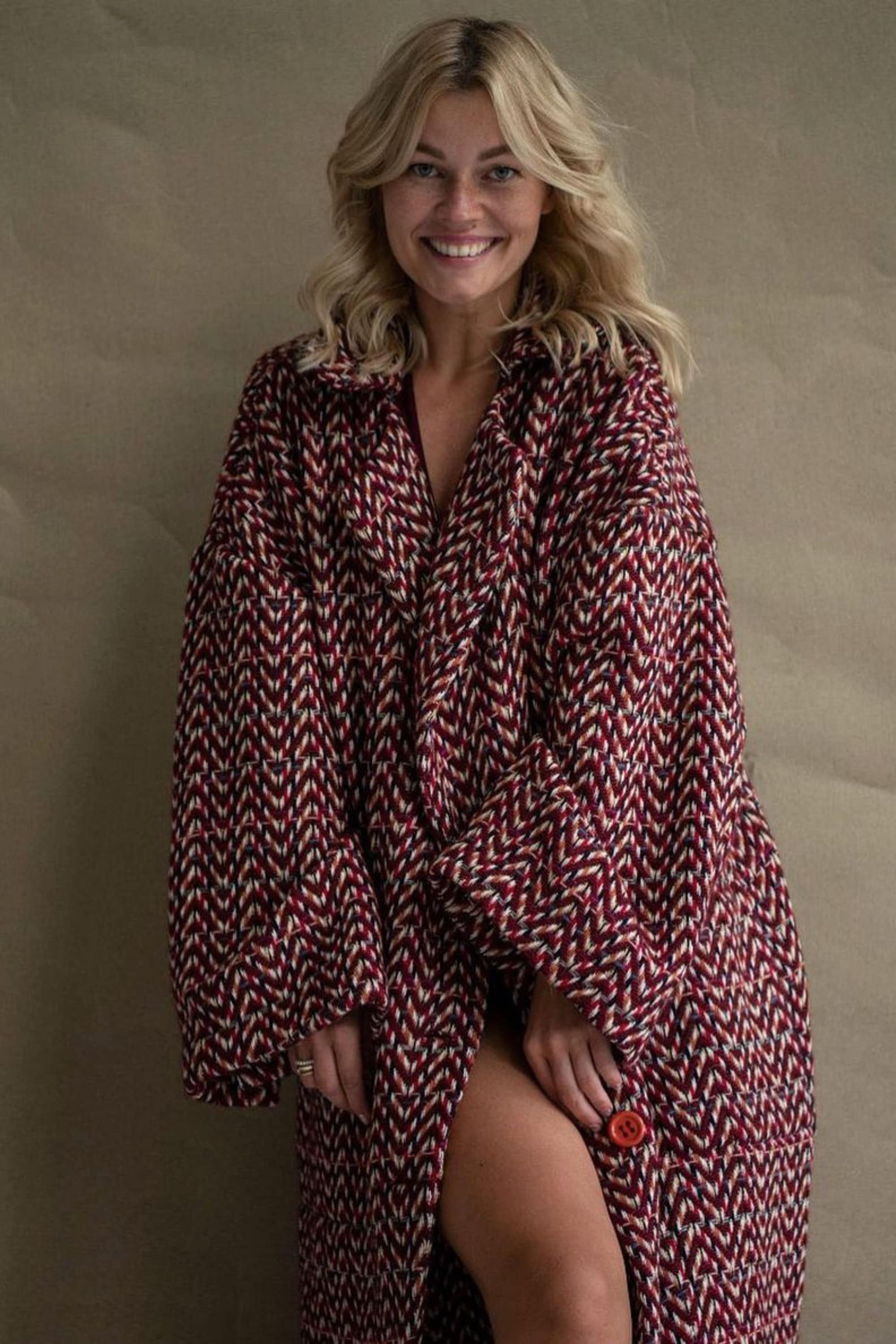 Herringbone Wool Coat Women Box Coat Unique Wool Coat Loose - Etsy