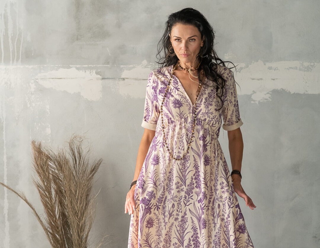 Cottagecore Chic: Ecru Maxi Dress With Purple Floral Motive - Limited ...