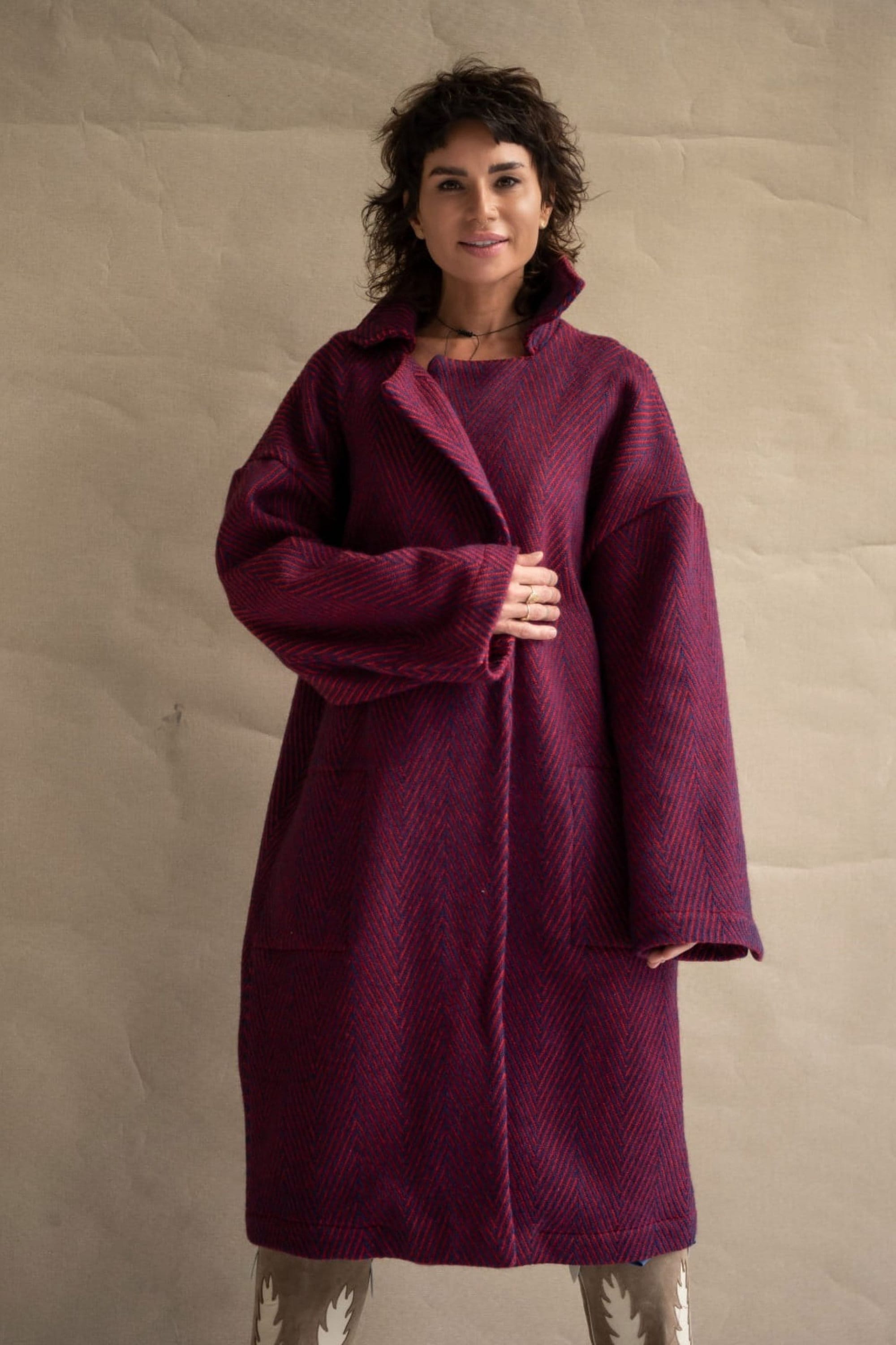 Purple Herringbone Wool Coat Women Box Wool Coat With Wide Sleeves Midi ...