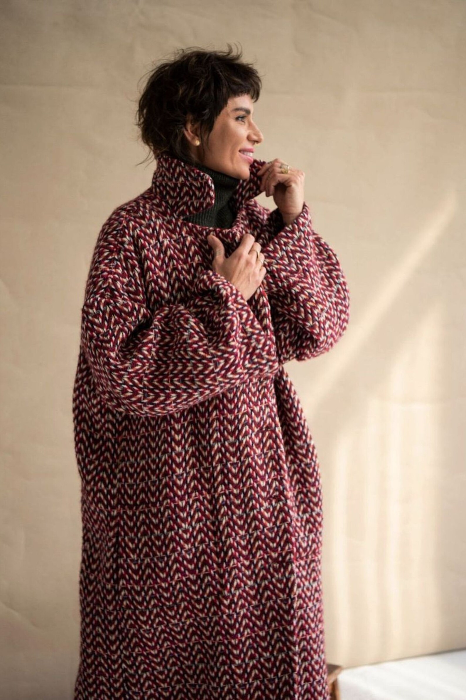 Herringbone Wool Coat Women Box Coat Unique Wool Coat Loose - Etsy