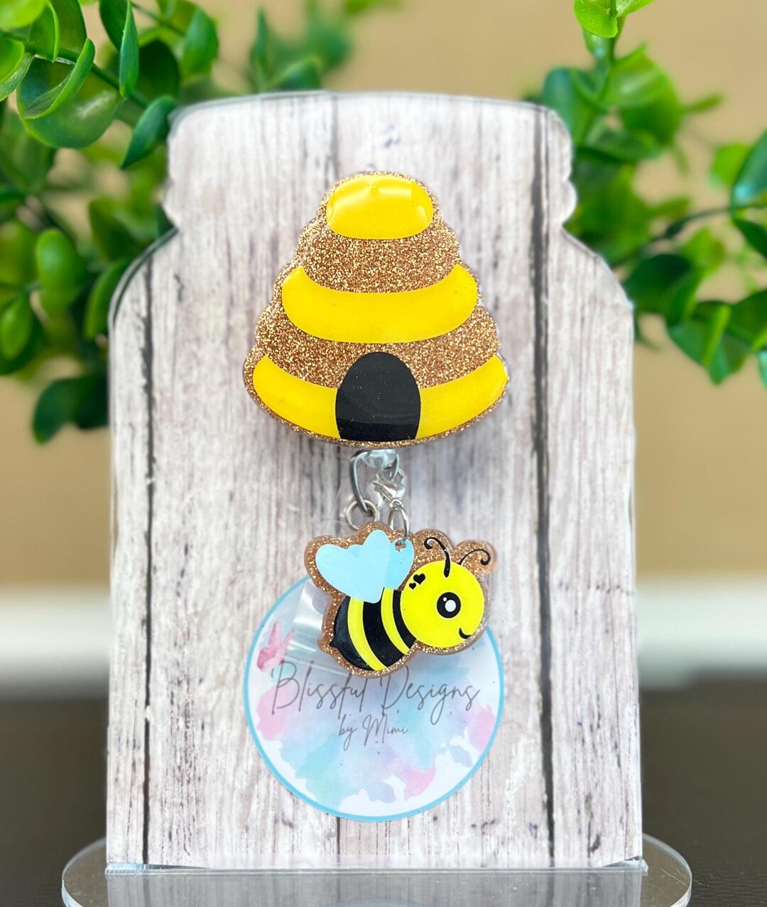Beehive Bumble Bee Charm Badge Reel - Glittered Acrylic, Nurse Gift - Etsy