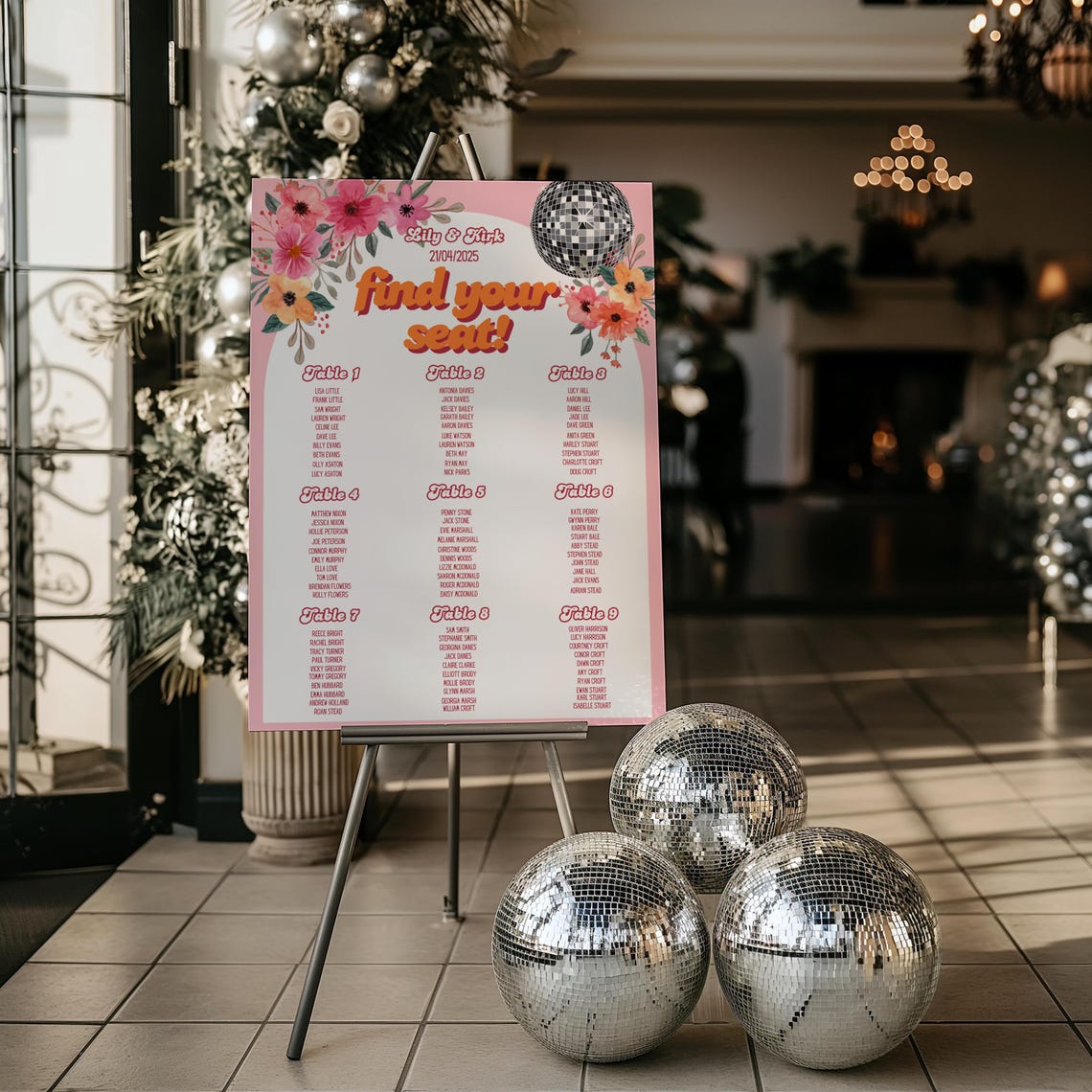 Vibrant Wedding Seating Chart | Red Pink Orange Flower Design With ...