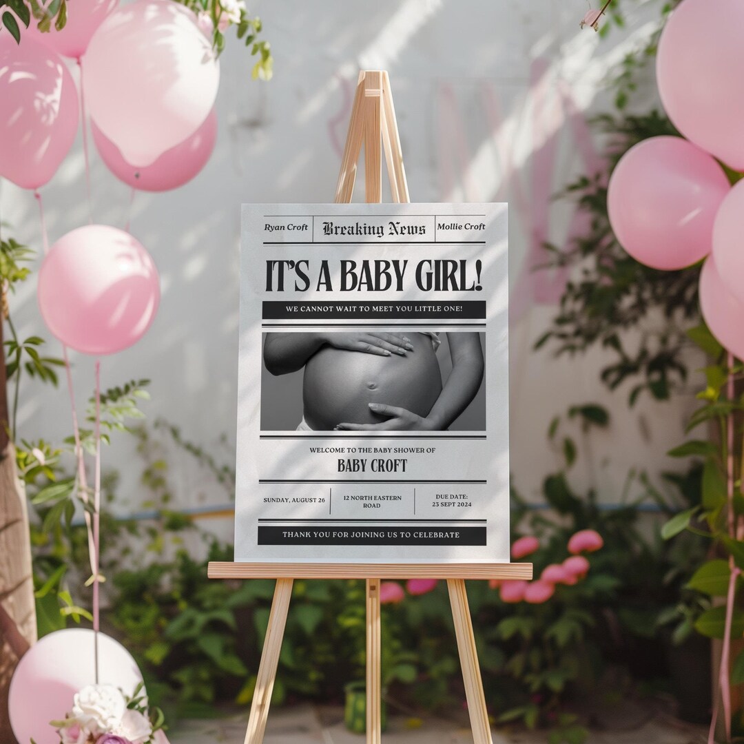 Newspaper Baby Shower Welcome Sign, Black & White Baby Bump Photo Canva ...