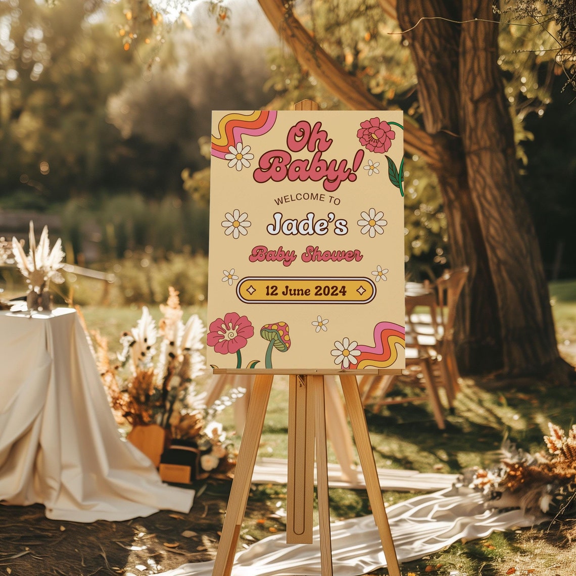 Hippie Baby Shower Welcome Sign, Canva Digital Template, Groovy 70s ...