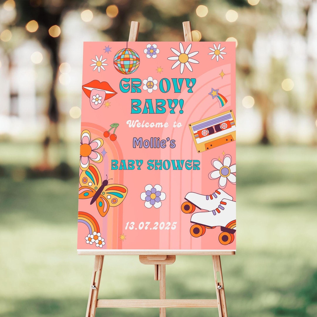 Groovy 70s Baby Shower Welcome Sign, Colorful Retro Hippie Digital ...