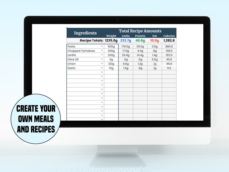 Meal & Diet Planner Spreadsheet | Google Sheets Template | Calculate ...