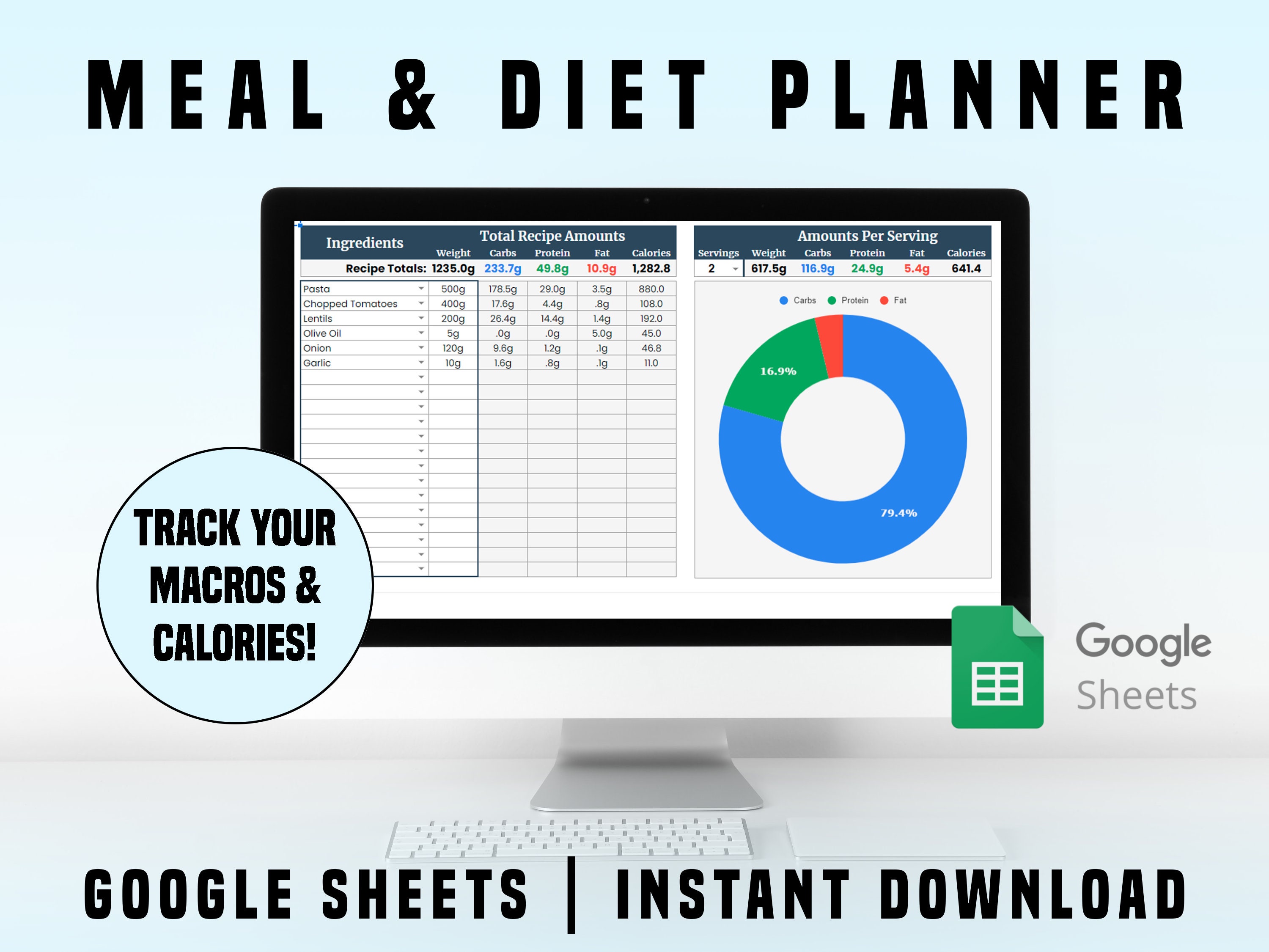 Meal & Diet Planner Spreadsheet | Google Sheets Template | Calculate ...