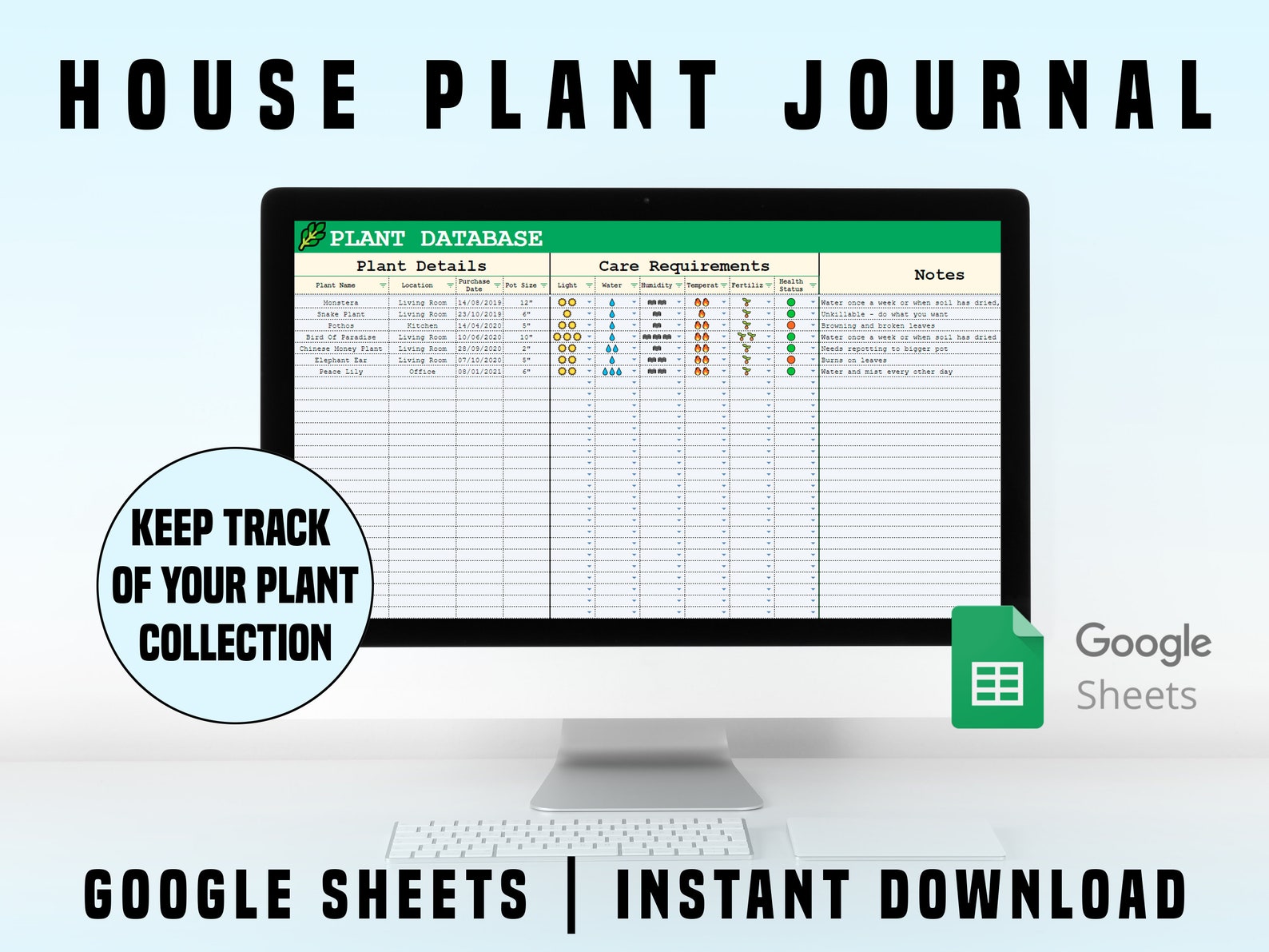 House Plant Journal Spreadsheet | Plant Care Tracker | Google Sheets ...