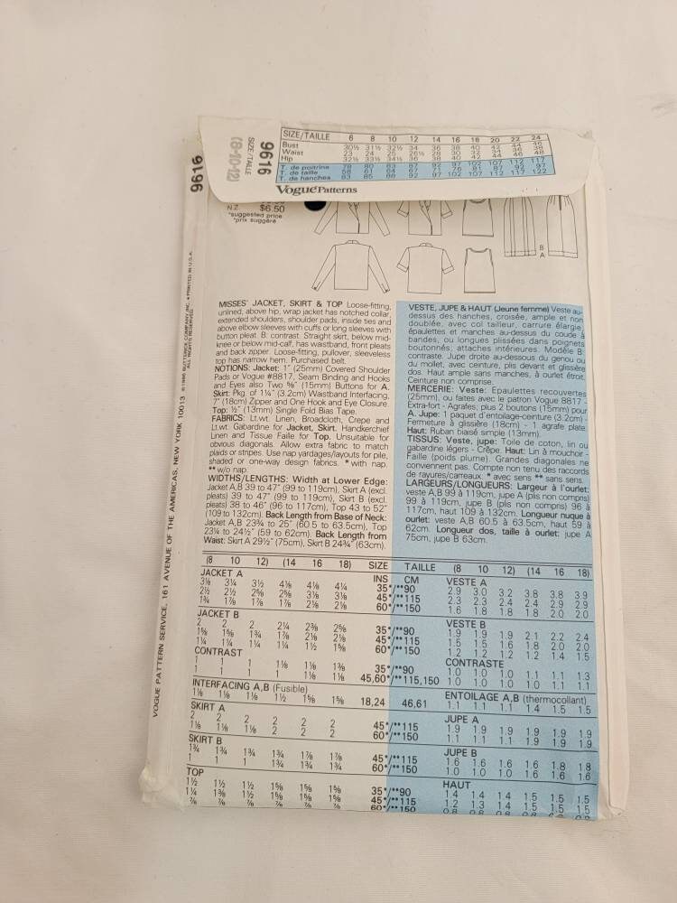 1980s Very Easy Very Vogue 9616 Pattern, Jacket, Long or Short Sleeves ...