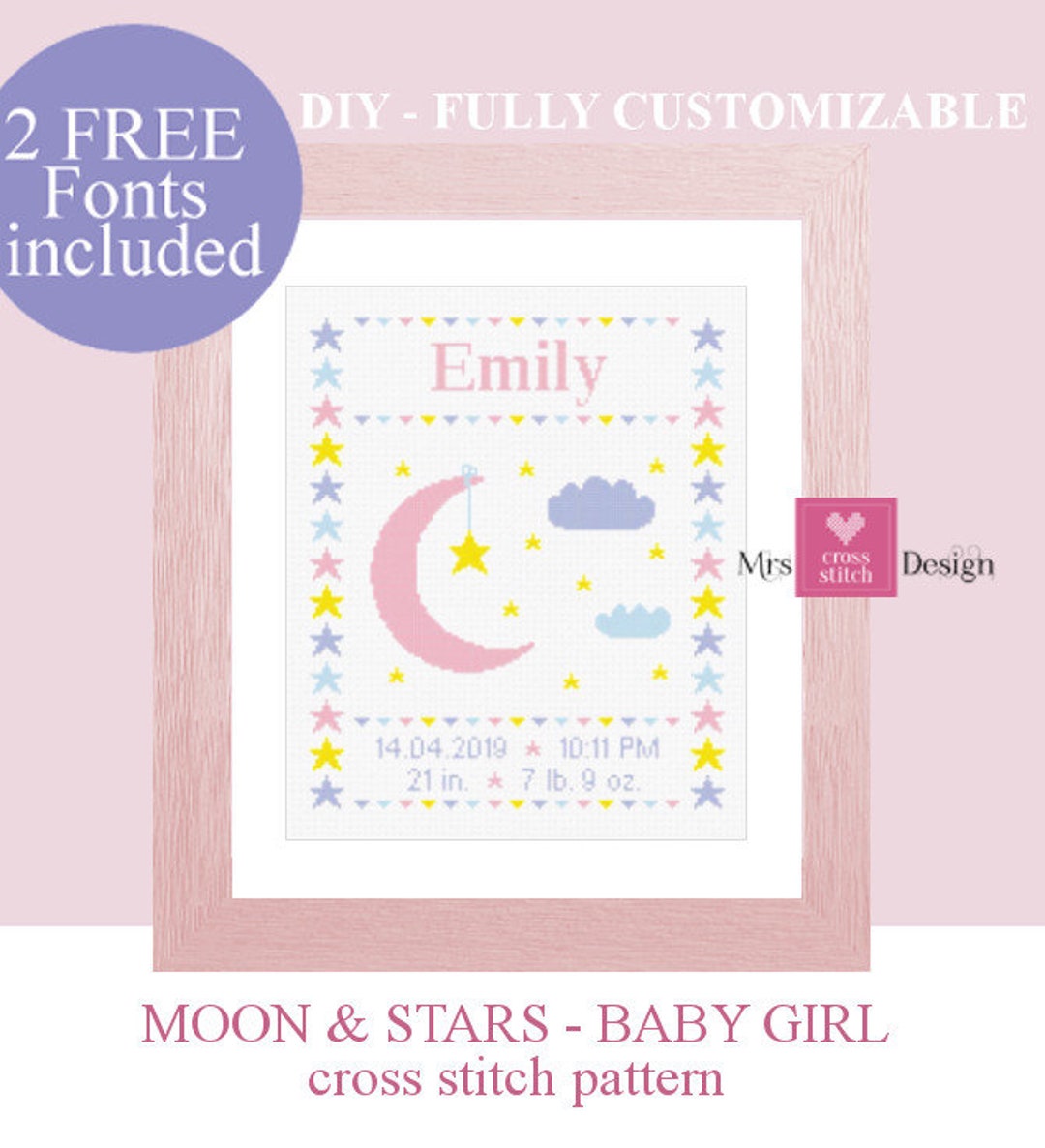 Moon & Stars Baby Cross Stitch Pattern. Cross Stitch Baby Birth Sampler ...