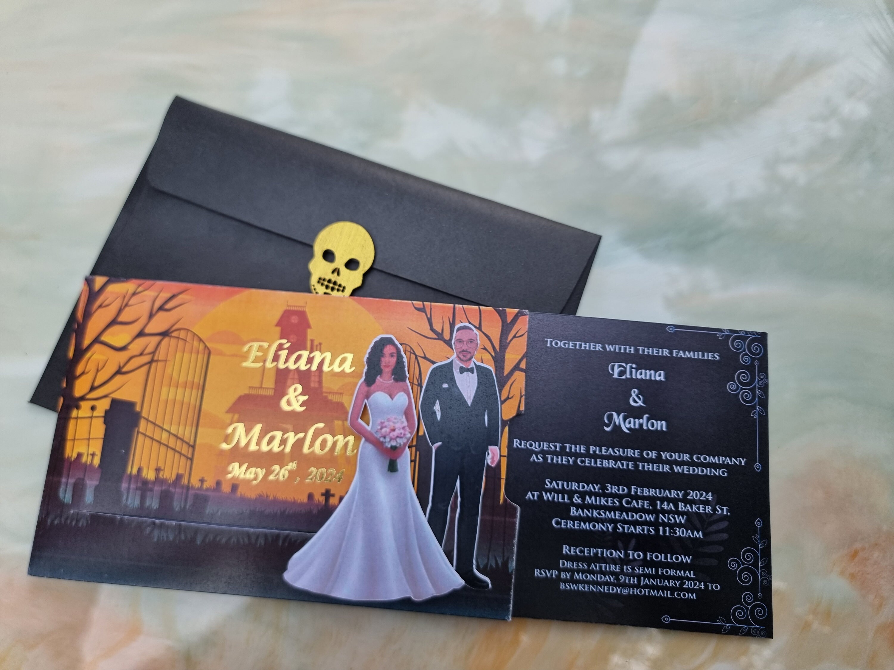 Gothic Sliding Bride Wedding Invitation Laser Cut Personalized, Gold ...