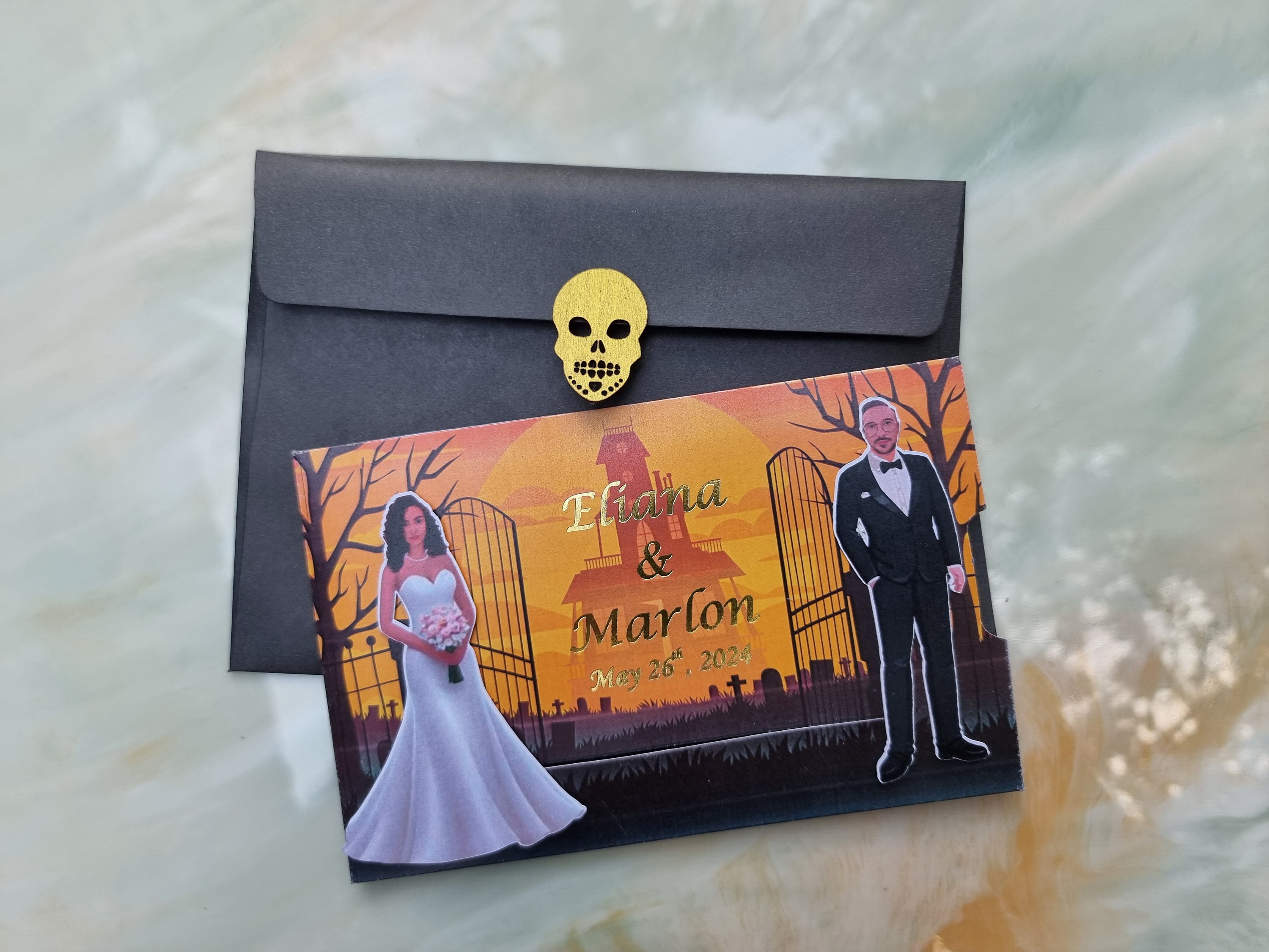 Gothic Sliding Bride Wedding Invitation Laser Cut Personalized, Gold ...