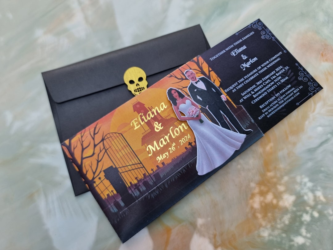 Gothic Sliding Bride Wedding Invitation Laser Cut Personalized, Gold ...