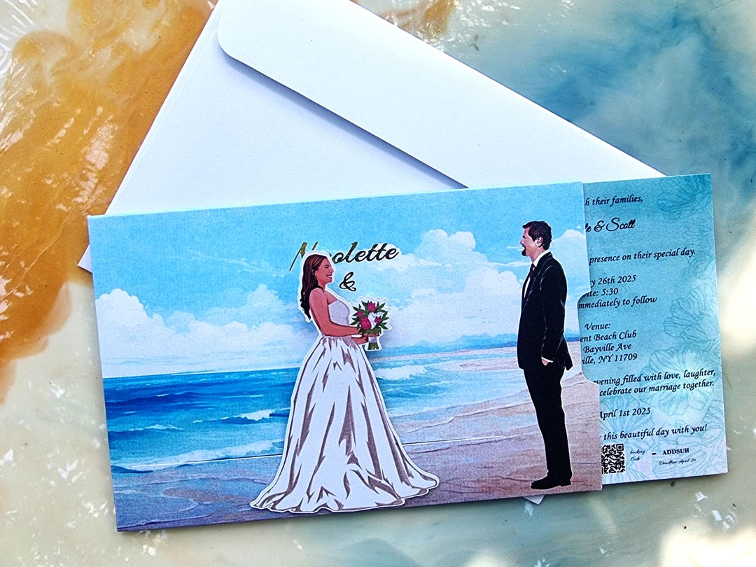 Ocean Theme Sliding Wedding Invitation, Customize Faces, Gold Foil ...