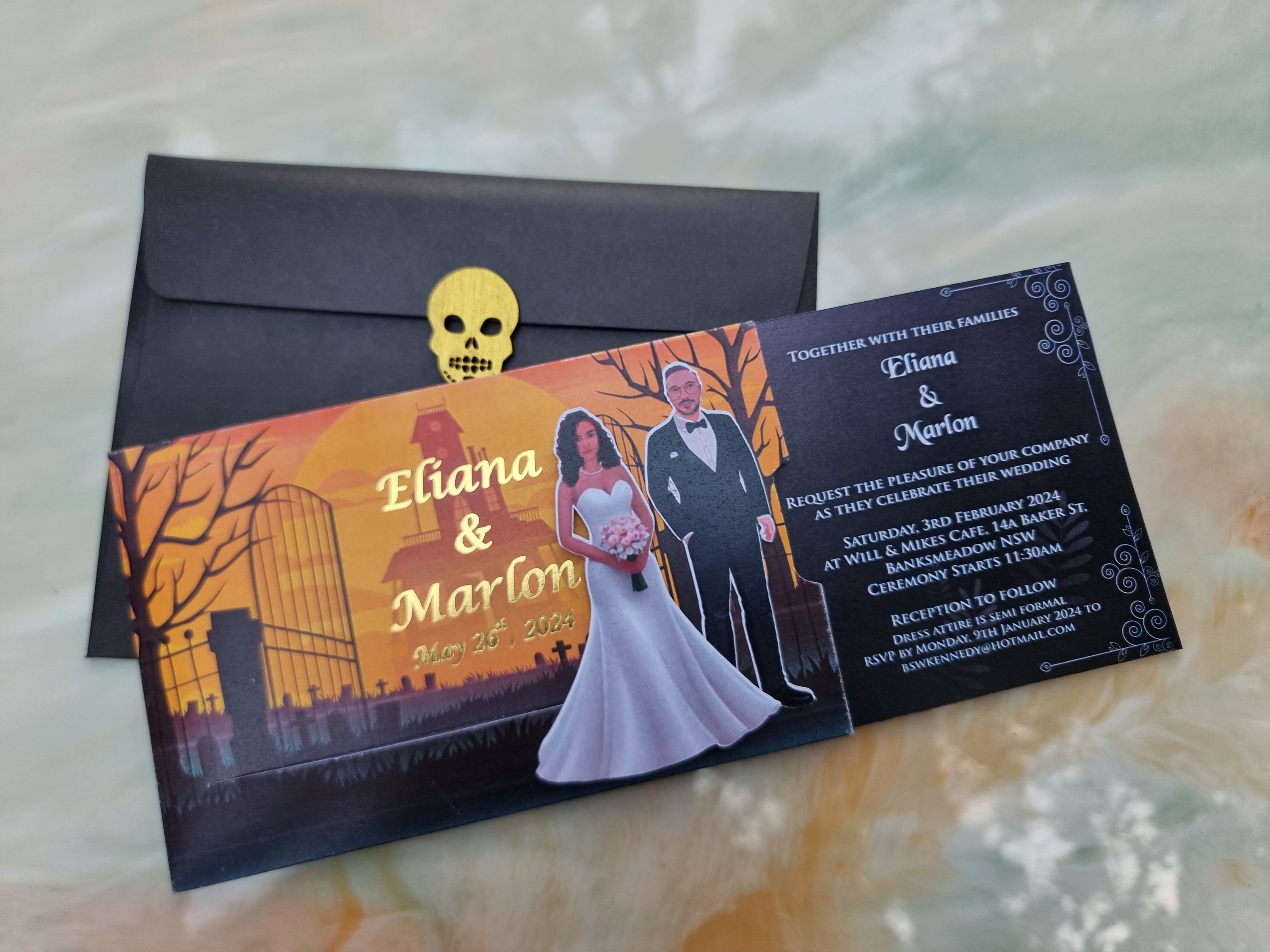 Gothic Sliding Bride Wedding Invitation Laser Cut Personalized, Gold ...