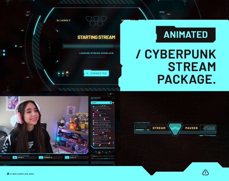 Cyberpunk Animated Twitch Stream Overlay Package BLUE | Scenes, Alerts ...