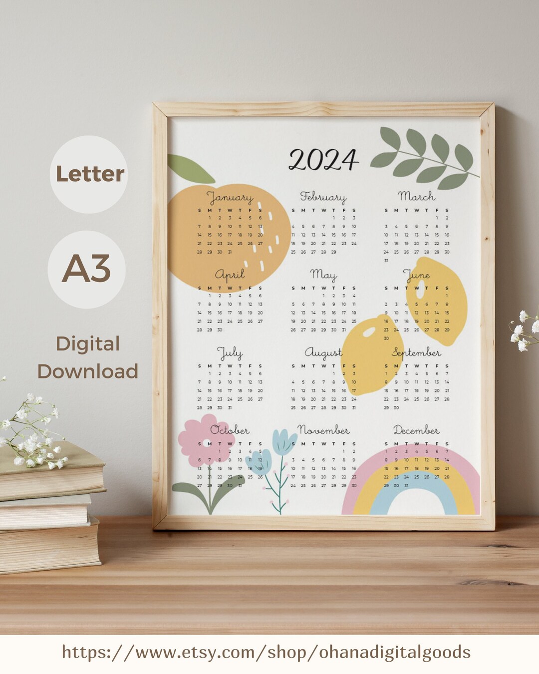 2024 Sunshine Printable Calendar A3 Letter 8.511 One Page Printable ...