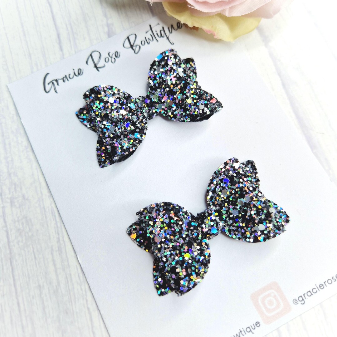 Pigtail Hair Bows, Black and Silver Hair Bows, Spring Bows, Pigtail Bow ...