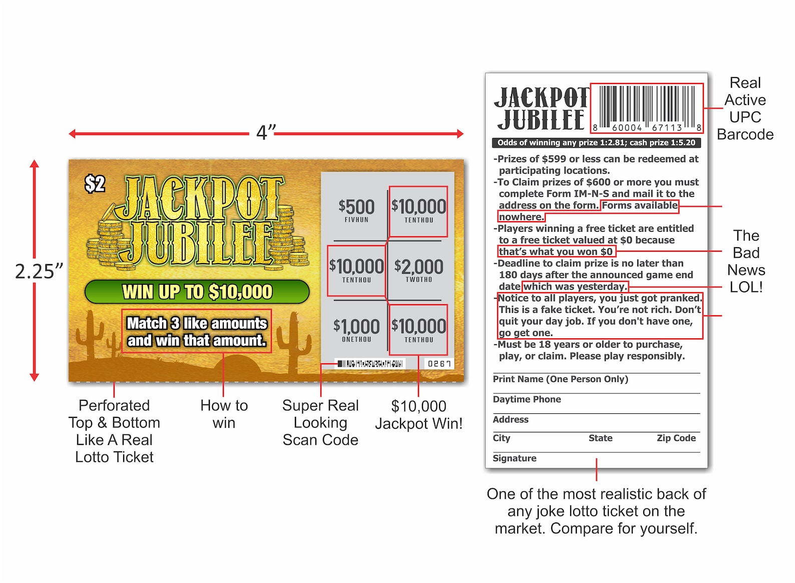 10 Prank Gag Fake Lottery Ticket, All Same Design Scratch off Cards ...