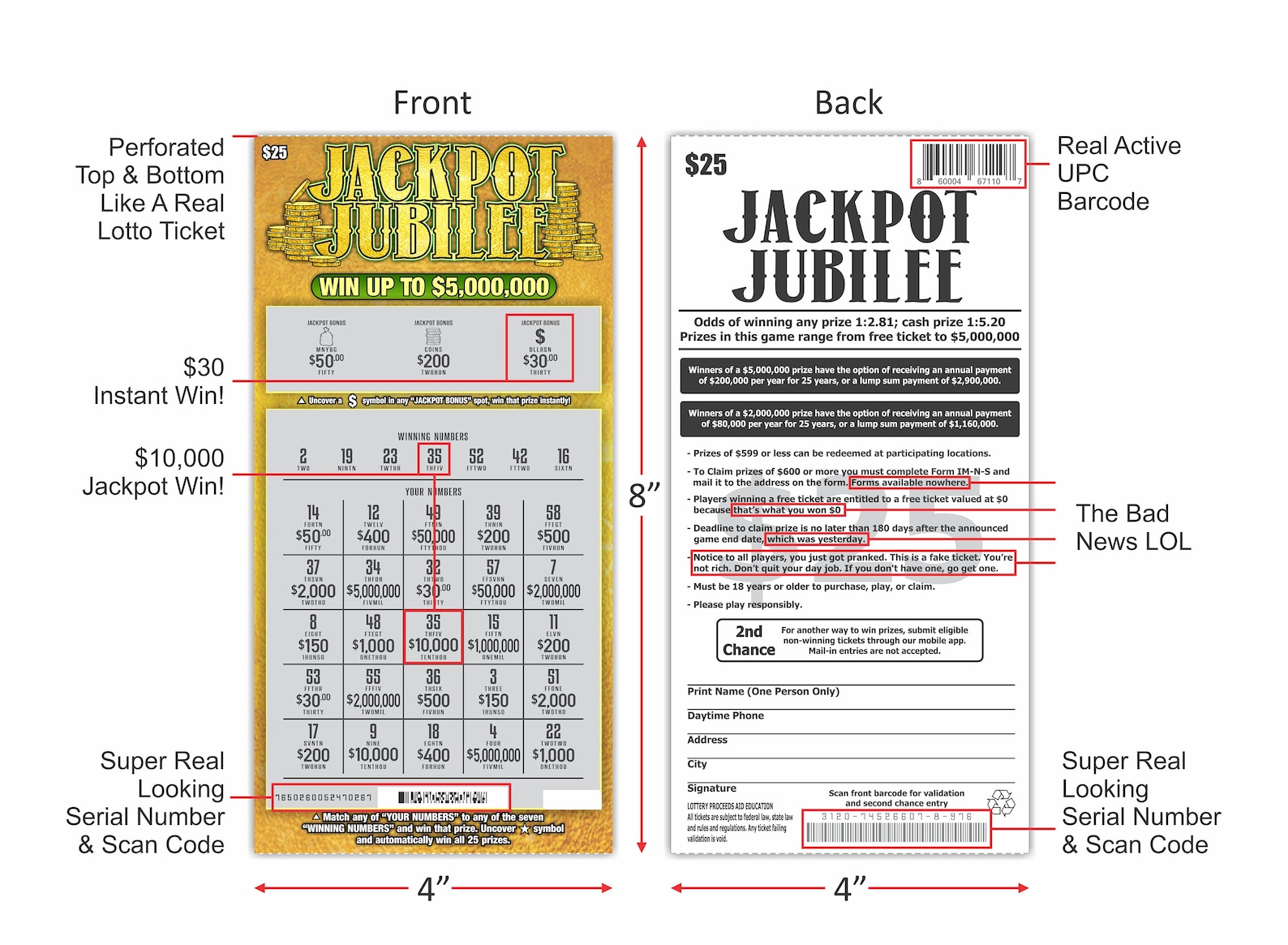Prank Gag Fake Lottery Tickets - 8 Total Tickets, 4 of Each Winning ...