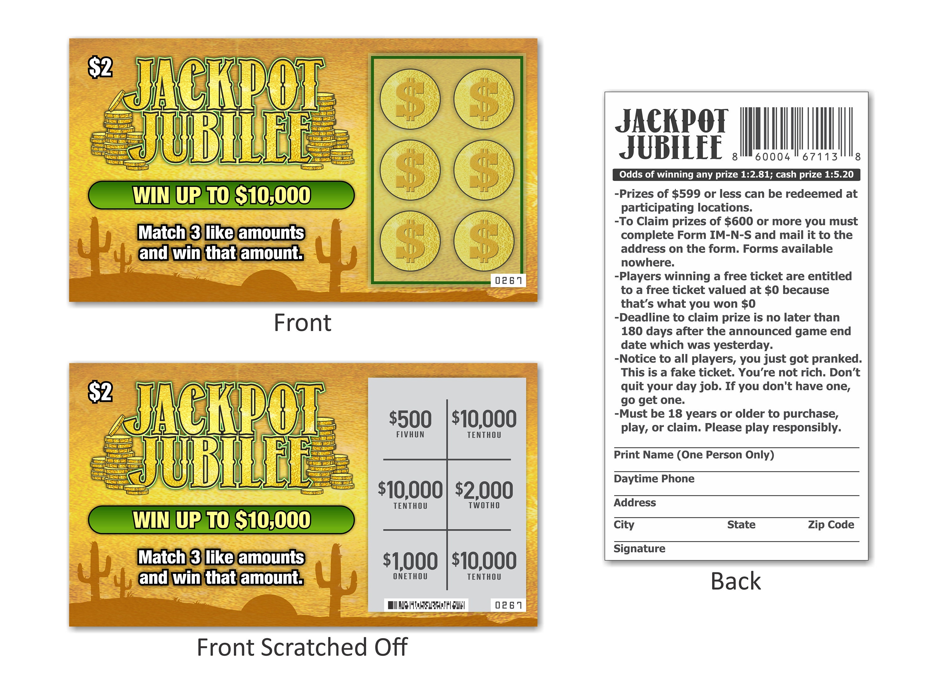 10 Prank Gag Fake Lottery Ticket, All Same Design Scratch off Cards ...