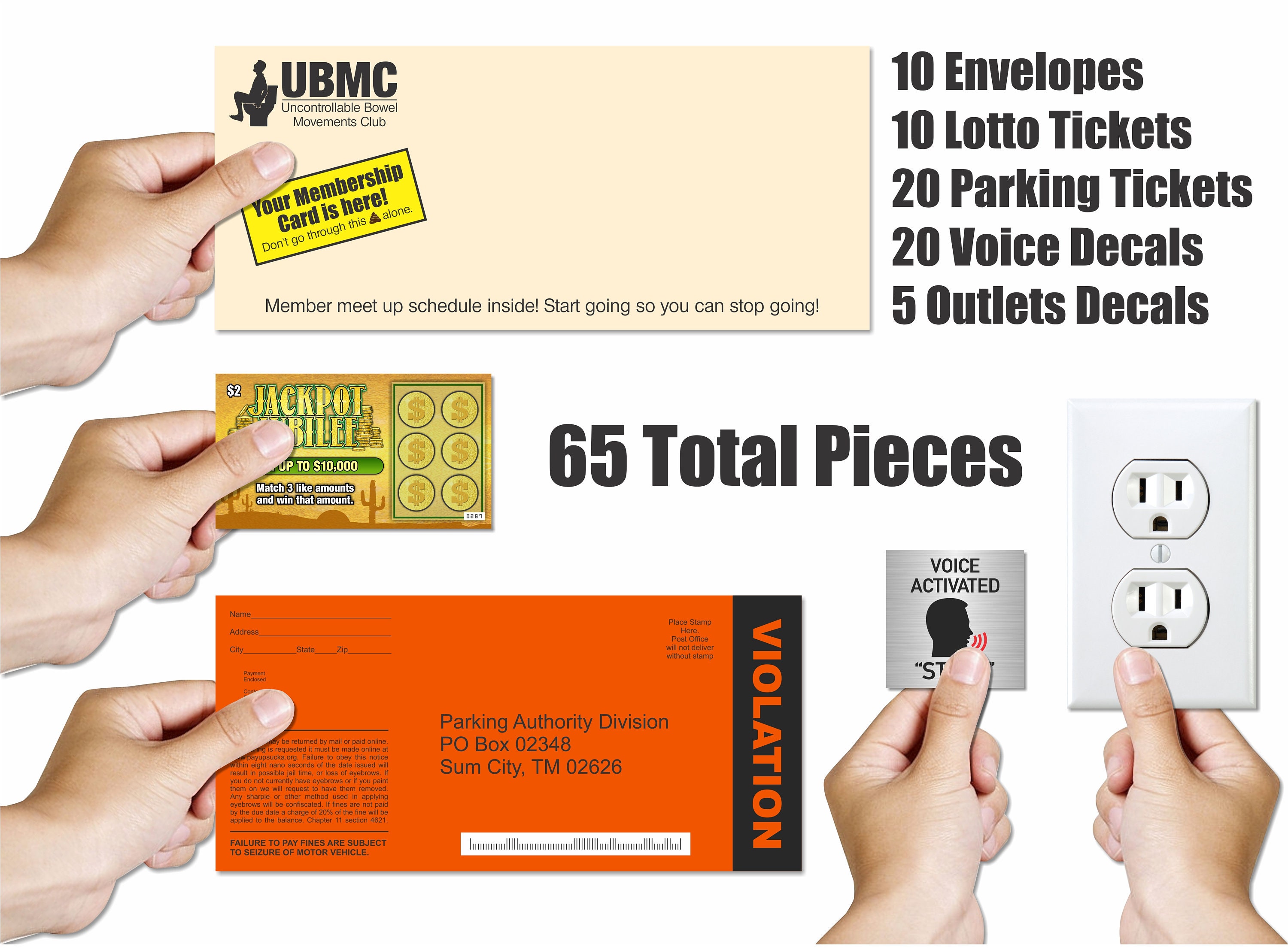 Prank Gag Practical Joke Set Kit, Fake Parking & Lottery Tickets ...