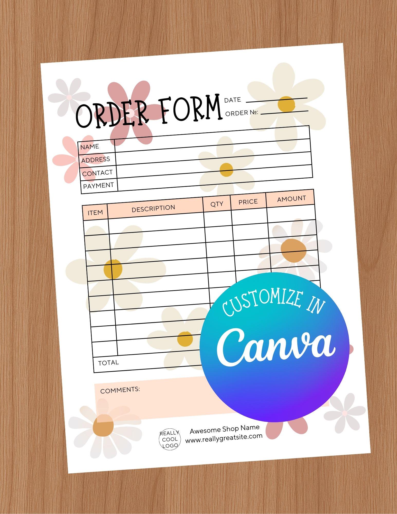 Cute Girly Boho Flower Theme Order Form Template - Etsy