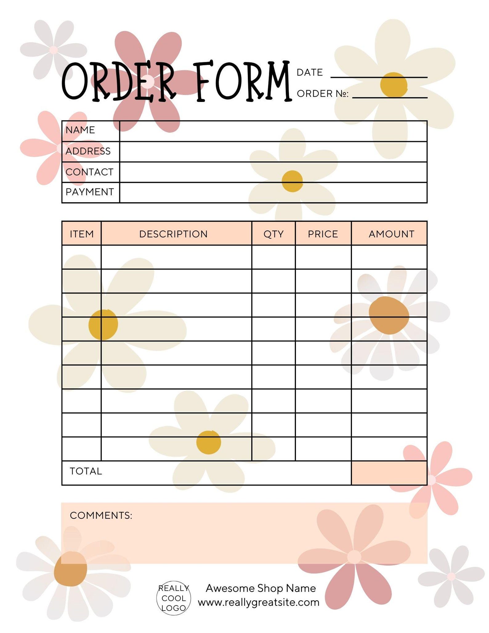 Cute Girly Boho Flower Theme Order Form Template - Etsy