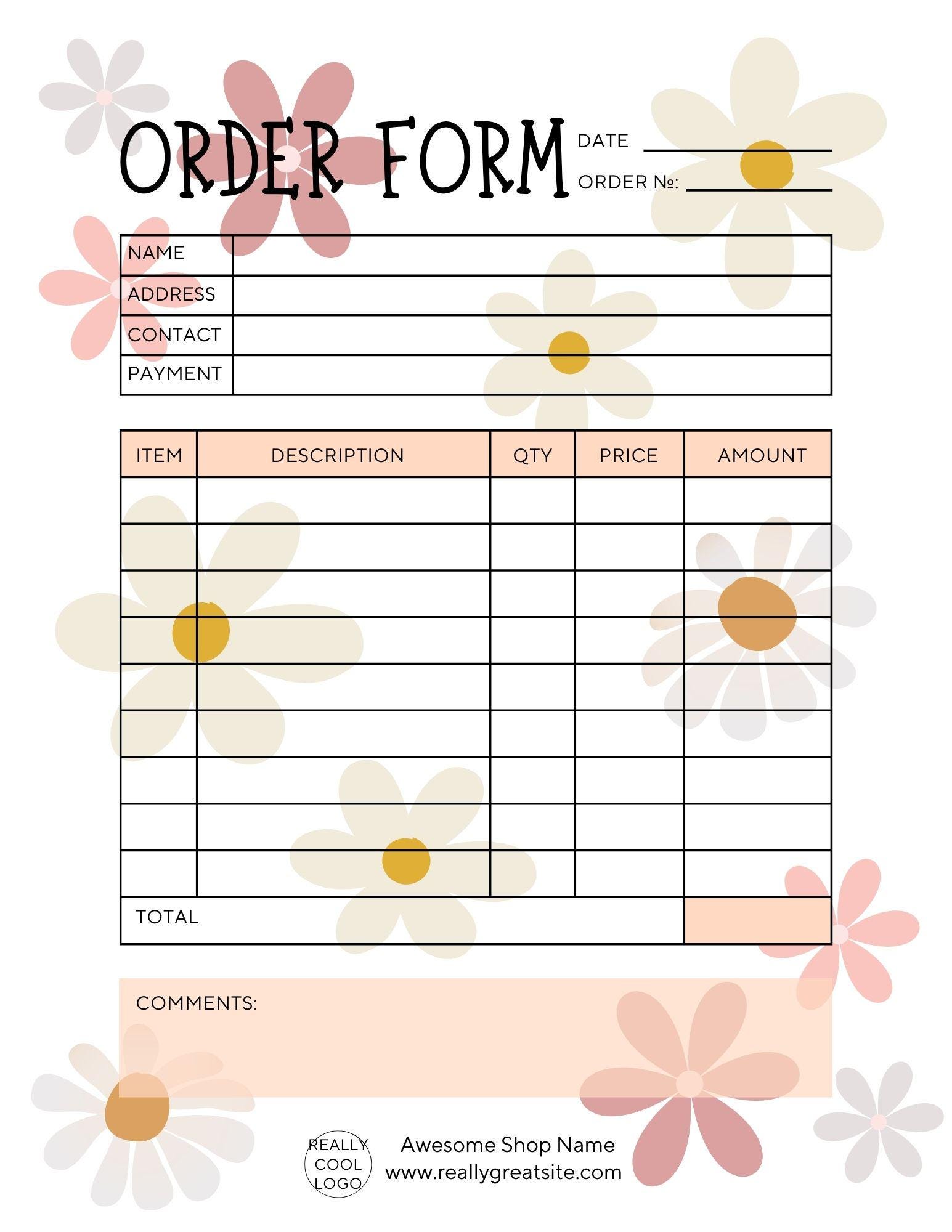 Cute Girly Boho Flower Theme Order Form Template - Etsy