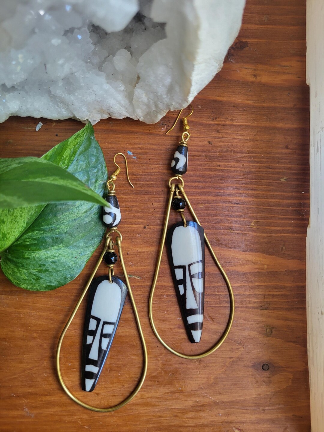 African Fang Mask Dangle Earrings// Brass Statement Jewelry// Bohemain ...