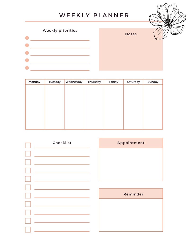 Weekly Planner - Feminine, Flowers, Pink, Organizer - Etsy