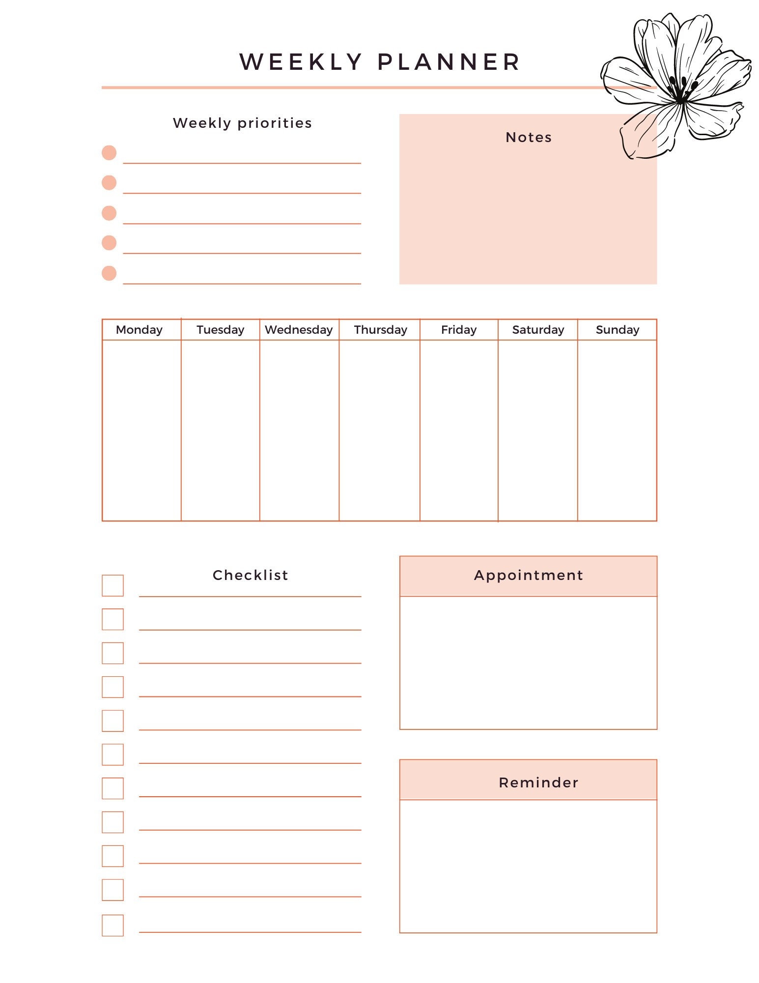 Weekly Planner - Feminine, Flowers, Pink, Organizer - Etsy