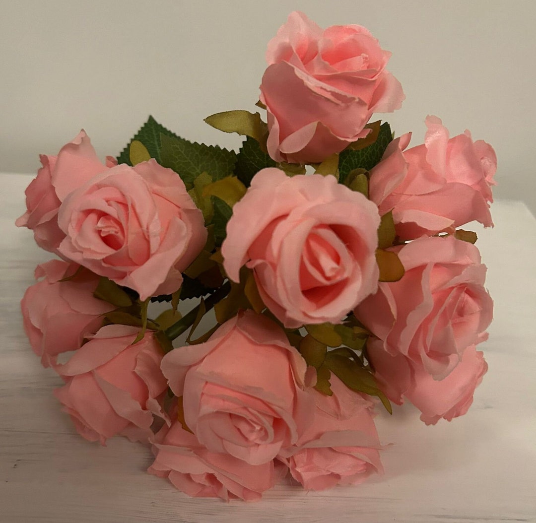 12 X Pink Silk Roses, Artificial Flowers, Rose Bouquet, Artificial ...