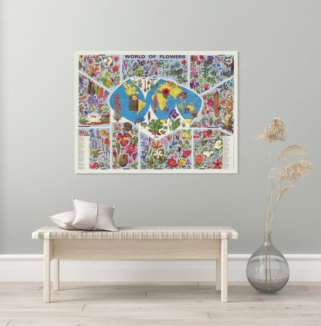 Pictorial World Map of Flowers Botanical Geography Vintage Plant Lover ...