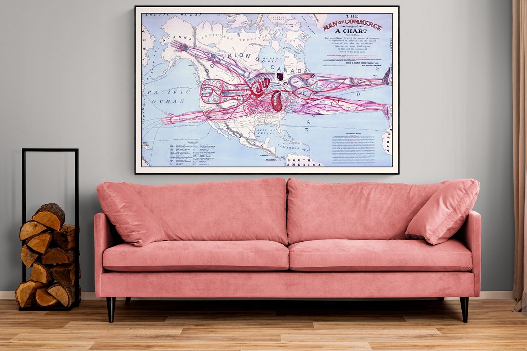 1889 Anatomy Chart Map of the United States Man of Commerce Allegorical ...