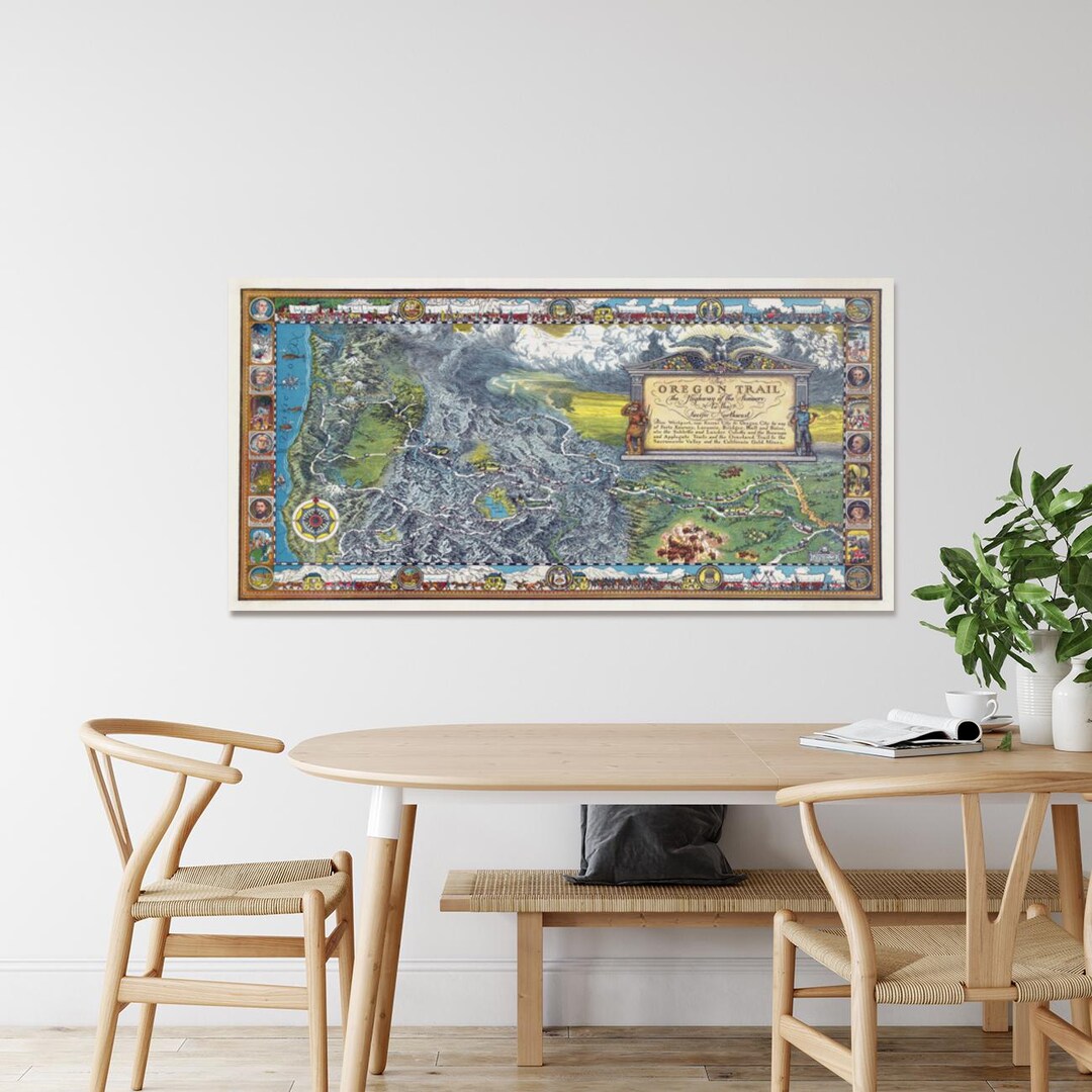 Pictorial Map of Oregon Trail Wagon Route American Frontier Pioneer ...