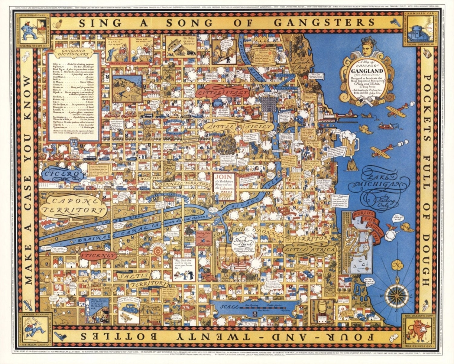 1931 Pictorial Gang Crime Map of Chicago Gangland Al Capone Antique ...