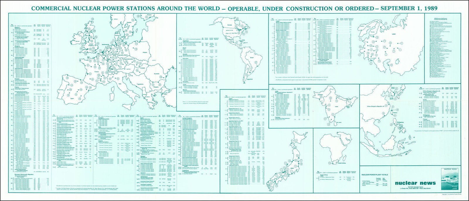1989 Map of World Nuclear Power Stations Atomic Nuclear Weapons Cold ...