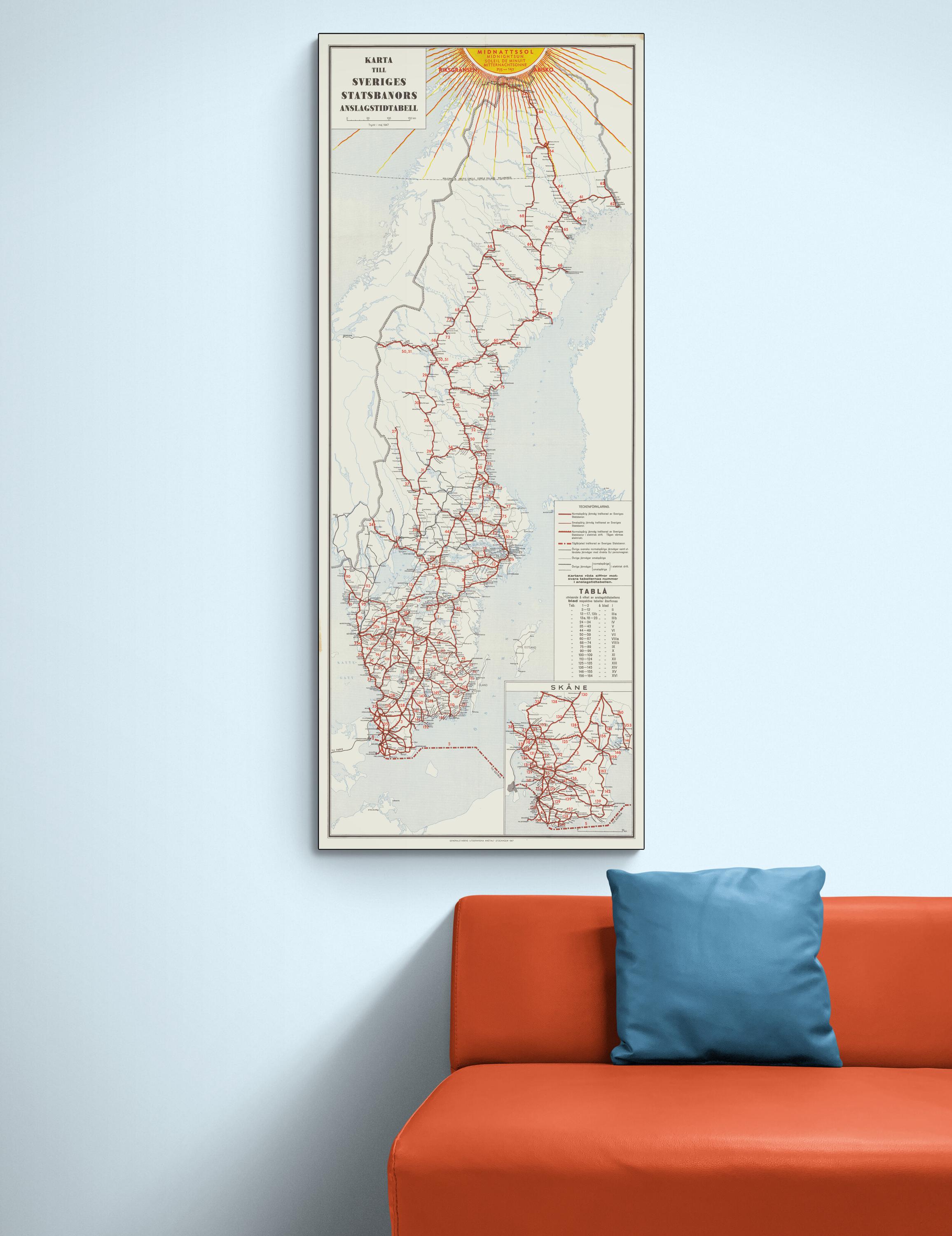 1947 Railroad Map of Sweden – Post-war Scandinavian Transport Map ...