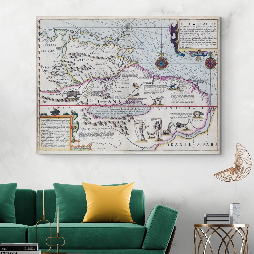 1599 Sir Walter Raleigh Map of Guiana – Renaissance Era Plan Showing El ...
