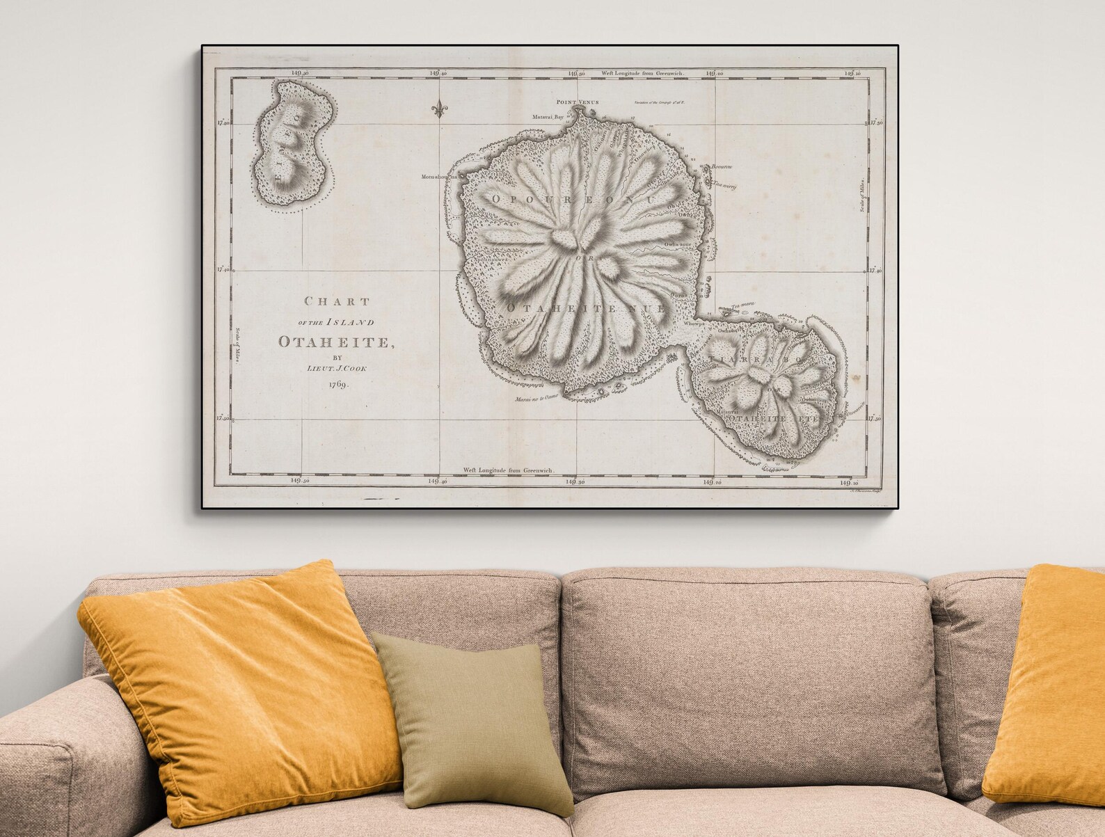 1785 James Cook Map of Tahiti Depicting French Polynesian Islands and ...