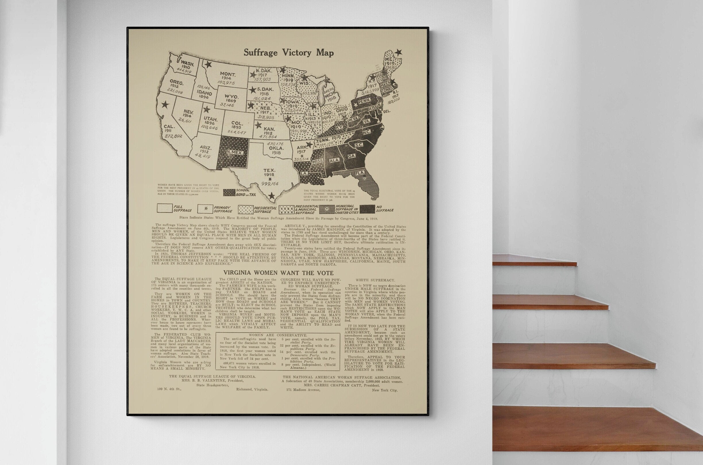 1919 Women's Suffrage Victory Map of the USA United States Historical ...