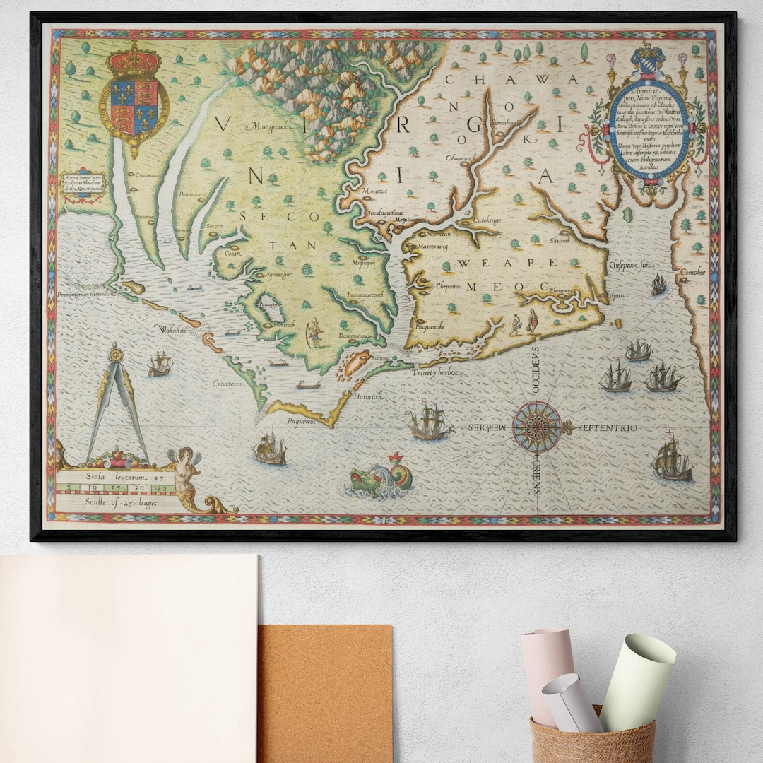 1591 Theodor De Bry Map of Virginia and the Carolinas Roanoke Colonial ...