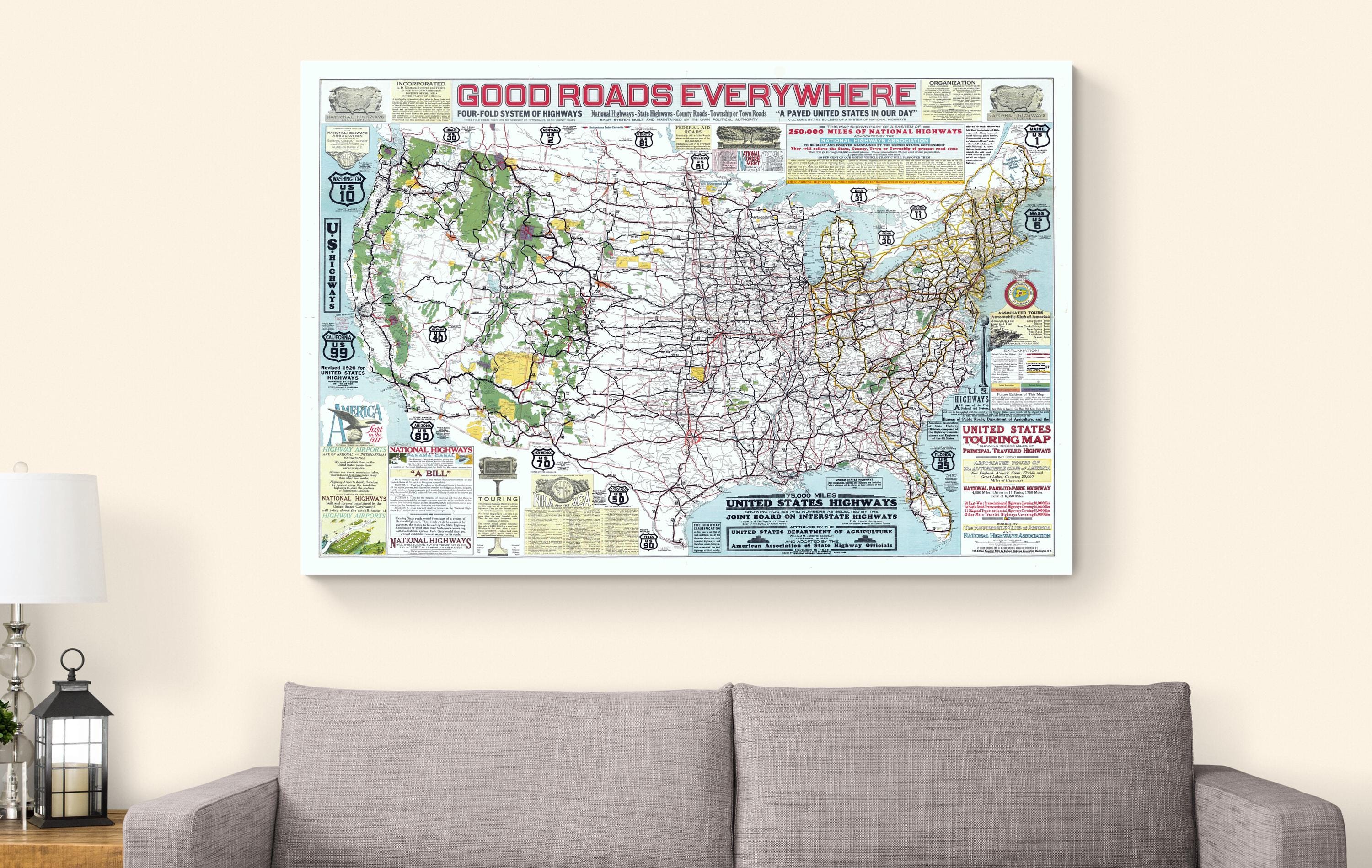 1925 Highway Road Route Map of the United States – Historic American ...