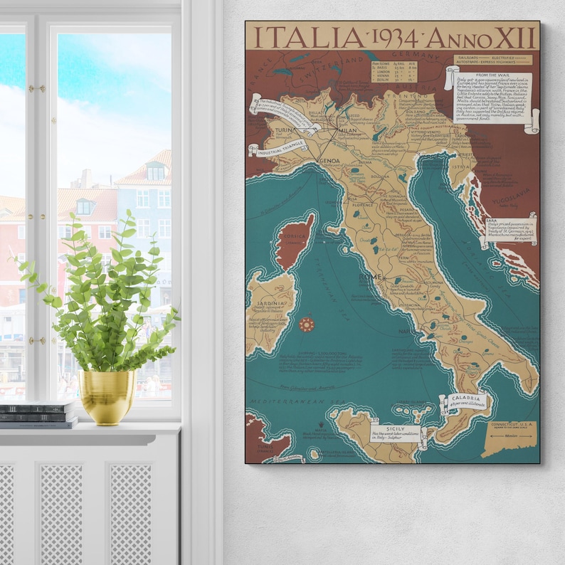 1934 Map of Italy – Interwar Era Map Showing Regions, Cities, Railways ...