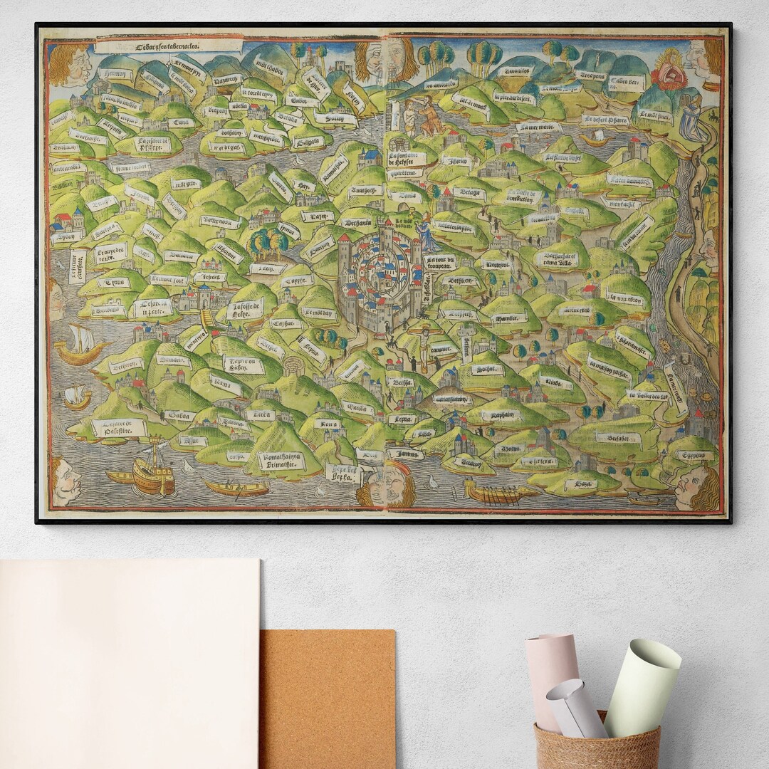 1491 Medieval Map of the Holy Land Jerusalem Israel Palestine Gaza ...