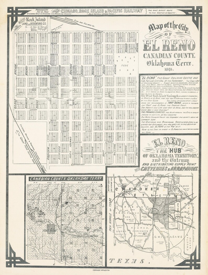 1891 Map of the City of El Reno Canadian County Oklahoma Historical ...