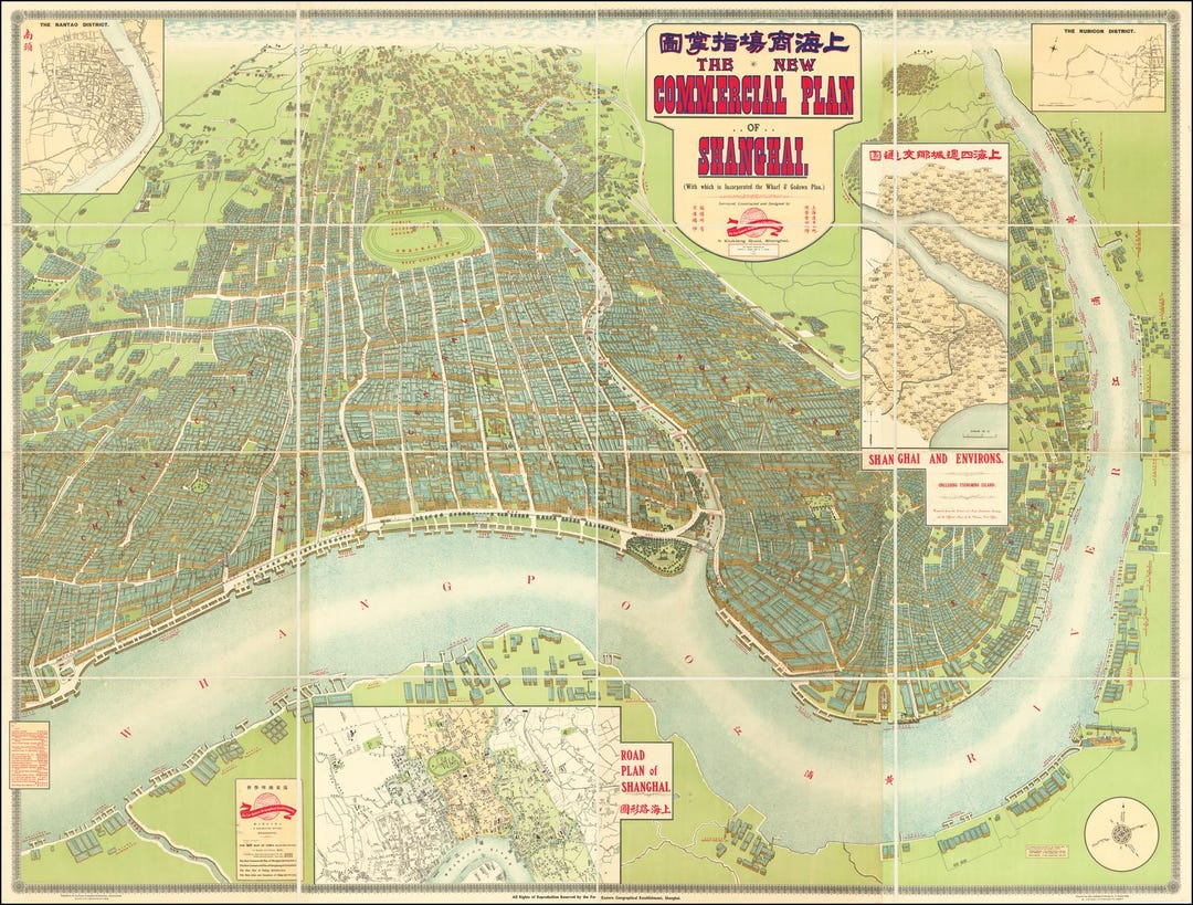 1915 Bird's Eye View Map of Shanghai China Historical Chinese Geography ...
