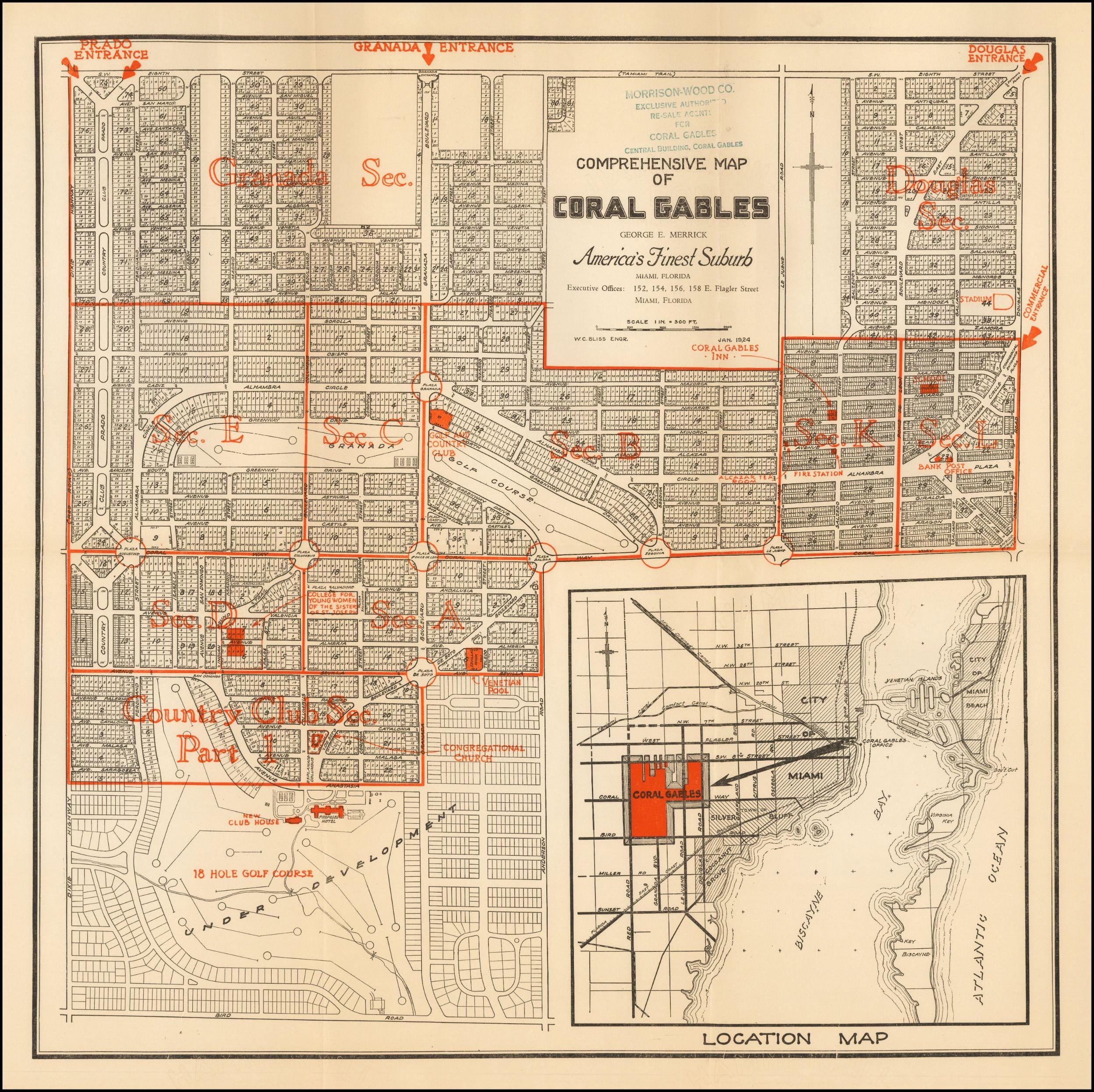 1924 City Map of Coral Gables Miami Dade South Florida American History ...