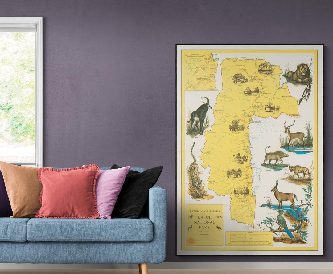 1968 Map of Kafue National Park Zambia Africa Historical African ...